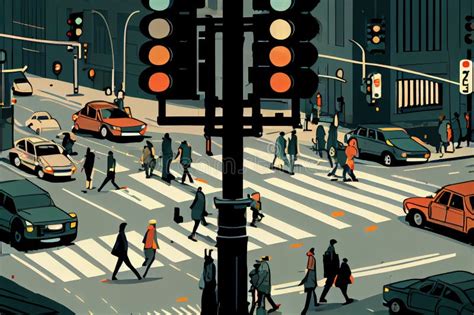 Busy Intersection With Traffic Lights And Pedestrians Crossing The