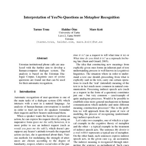 Interpretation Of Yesno Questions As Metaphor Recognition Acl Anthology