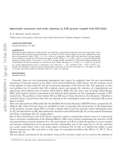 Pdf Spherically Symmetric And Static Solutions In Fr Gravity