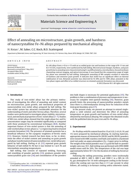 Pdf Effect Of Annealing On Microstructure Grain Growth And Hardness Of Nanocrystalline Feni