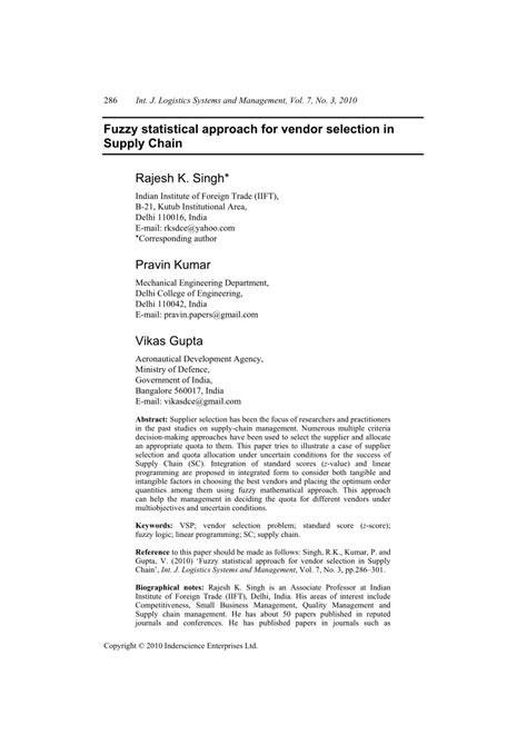 Pdf Fuzzy Statistical Approach For Vendor Selection In Supply Chain