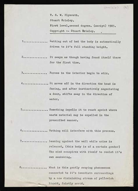 Script For The Sound Work ‘first Level Second Degree By Stuart Brisley‘ Stuart Brisley