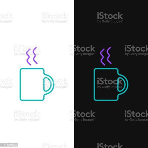 녹색과 보라색 라인 커피 컵 아이콘 흰색과 검은 색 배경에 격리 차 컵 뜨거운 음료 커피 벡터 일러스트레이션 경영자에 대한 스톡