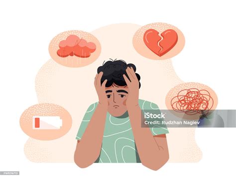 화가 난 남자 개념 우울증에 빠진 소년 부정적인 느낌과 감정 정서적 소진 편두통을 앓고 있는 불행하고 스트레스 받는 십대 평면 벡터 일러스트 레이 션 걱정하는에 대한 스톡