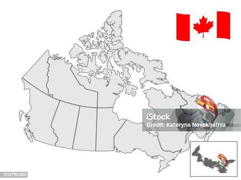 지도 캐나다에 프린스 에드워드 아일랜드의 위치 3d 프린스 에드워드 아일랜드 위치 기호입니다 프린스 에드워드 아일랜드 지방의 국기 캐나다의 품질지도 스톡 벡터입니다