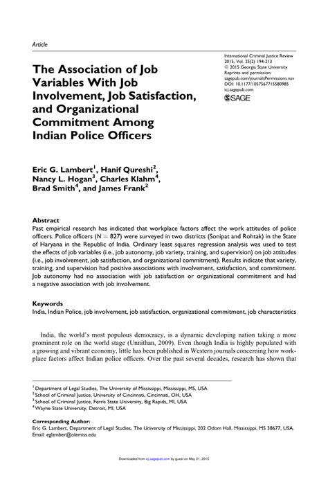 Pdf The Association Of Job Variables With Job Involvement Job Satisfaction And