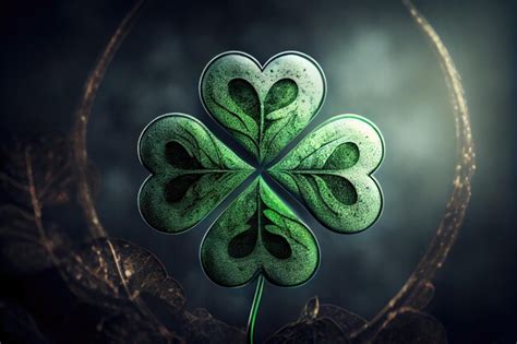 Сильный мистический символ в виде четырехлистного зеленого клевера на размытом фоне Премиум Фото