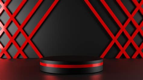 빨간색 스트립이 있는 검은색 받침대 장면 제품 프레젠테이션을 위한 3d 연단 스탠드 빈 무대 디스플레이 프리미엄 사진