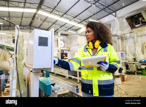 Staff Woman Worker Work Operate Cutting Machine Lathe Cnc Engineer