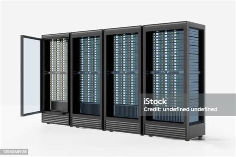 4 서버 랙 컨테이너 흰색 배경에 격리 된 현관 문을 엽니 다 3d 일러스트 렌더링 네트워크 서버에 대한 스톡 사진 및 기타