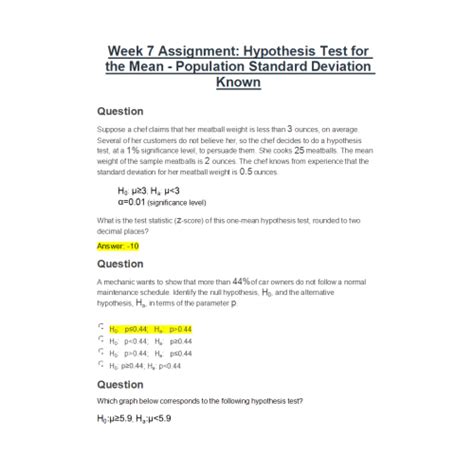 Math 225n Week 7 Assignment Hypothesis Test For The Mean Population Standard Deviation Known