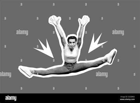 Composite Collage Photo Of Youngster Active Lady Jumping Stretching