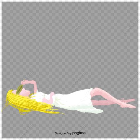 누워 노란색 긴 머리 일러스트 소녀 거짓말 여름 Png 일러스트 무료 다운로드 Lovepik