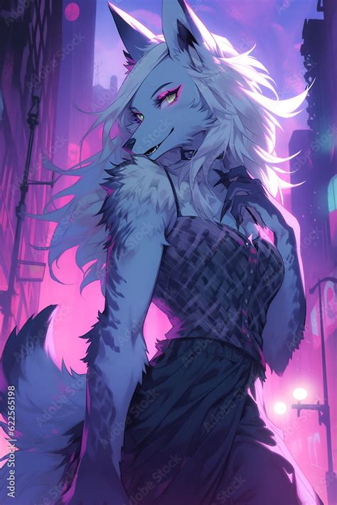 Sexy Werewolf Or Wolf Girl Fursona Cartoon Synthwave Style With An Urban Night As Backdrop