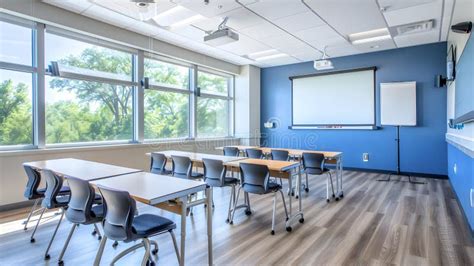 Classroom Interior With Blue And White Walls Stock Illustration