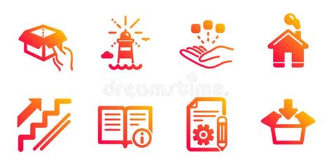 Lighthouse Documentation And Hold Box Icons Set Technical Info Home And Stairs Signs Vector