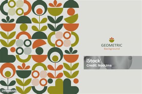 자연에서 영감을 받은 테마의 기하학적 패턴 추상적인 꽃 나뭇잎 원 반원형 모양 색상은 오렌지 그린 올리브 화이트의 흙빛 톤을