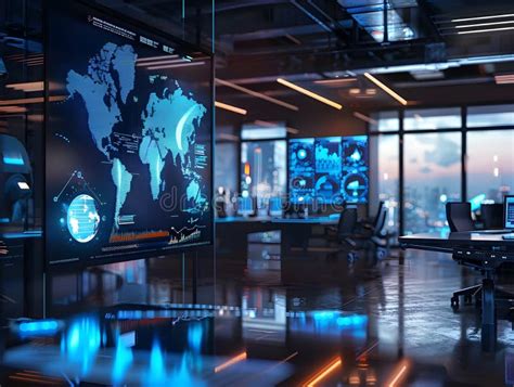 Technology Monitors With World Data Vibrant Office Workspace Conceptual Representation Of