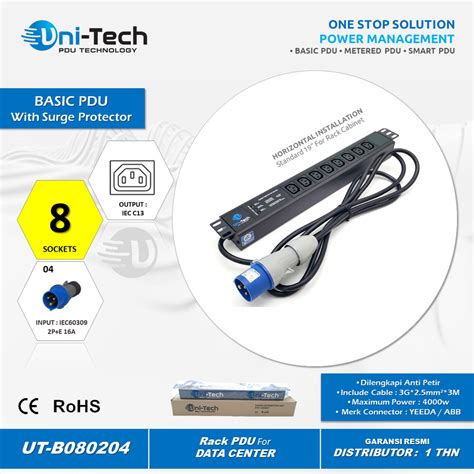 Jual PDU 8 Outlet Holes Port Socket C13 With Surge Protection And Optional Connector Input