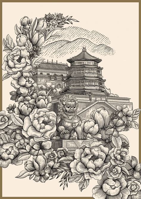 建筑场景版画 颐和园原创插画 花瓣网