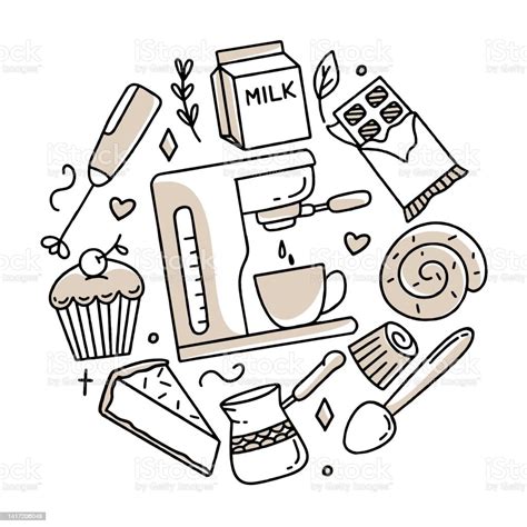 커피 숍을위한 요소 집합포스터 배너 엽서 및 포장 디자인에 사용하기 위해 손으로 그린 스타일의 벡터 일러스트 레이 션 가방에