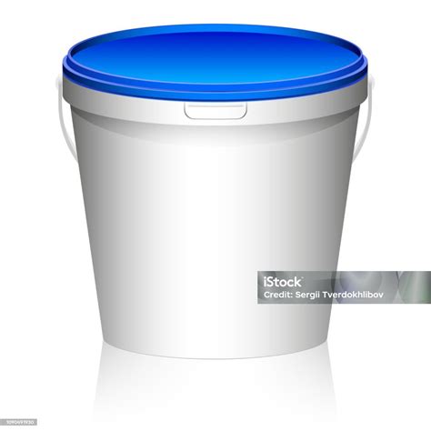 흰색 플라스틱 양동이 파란색 뚜껑을 설정합니다 제품 포장 식품 식료품 또는 페인트 프라이 머 이랑 디자인에 대 한 템플릿입니다 3차원 형태에 대한 스톡 벡터 아트 및 기타