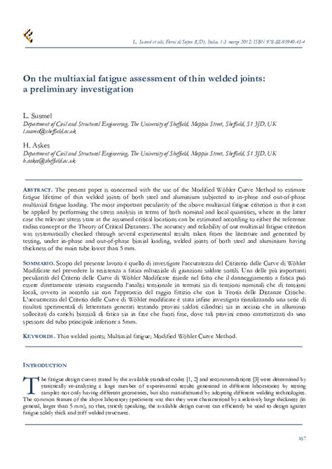 Pdf On The Multiaxial Fatigue Assessment Of Thin Welded Joints A