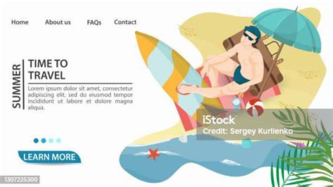여름 휴가 여행 및 휴가를 테마로 광고 관광 웹 페이지 웹 사이트 및 모바일 응용 프로그램의 디자인을위한 배너 A 남자는 해변의 가방에 앉아 개념에 대한 스톡 벡터 아트 및