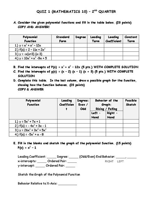 Quiz 1 Quiz Polynomial Functions Quiz 1 Mathematics 10 2 Nd