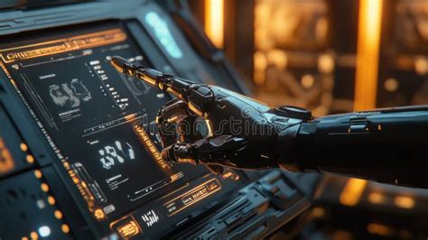 Futuristic Robotic Hand Interacting With A High Tech Display Panel Stock Illustration