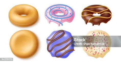 도넛 생성자 현실적인 달콤한 빵과 다른 유약과 토핑 상단 및 측면보기 혼합 된 맛 케이크 키트 초콜릿과 바닐라 라벤더 달콤한 디저트 완전한 벡터 3d 세트 도넛에 대한 스톡
