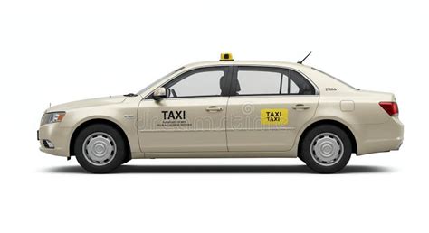 Beige Taxi Cab Side View Isolated Against Plain White Background Stock