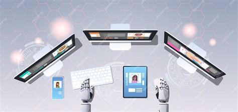 premium vector robotic hands using digital devices face scan