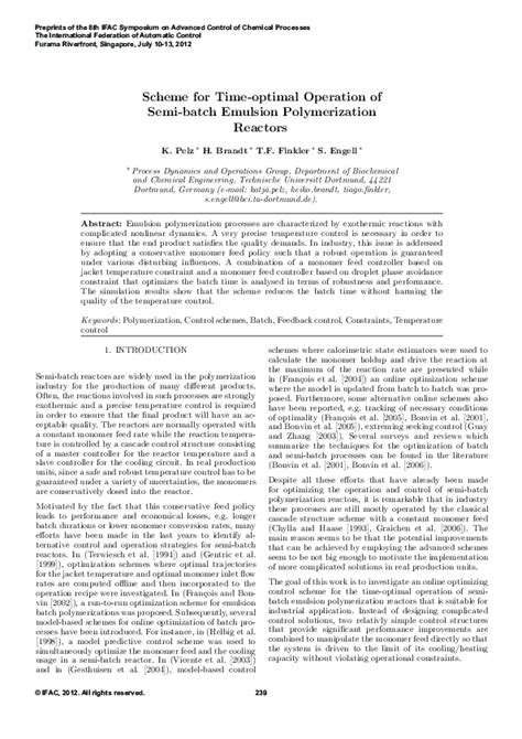Pdf Scheme For Time Optimal Operation Of Semi Batch Emulsion Polymerization Reactors