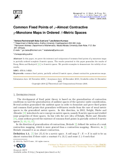Pdf Common Fixed Points Of ϕ Almost Contractive G Monotone Maps In Ordered S Metric Spaces