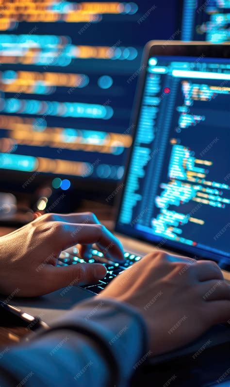 Premium Photo Programmer Coding At Work With Hands At Laptop Programming At Night Working