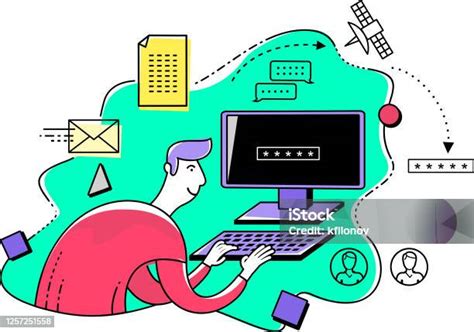프리젠 테이션 웹 방문 페이지 인포 그래픽을위한 평면 일러스트 디자인 컴퓨터에 앉아 만화 캐릭터 남자 해커 개념에 대한 스톡 벡터 아트 및 기타 이미지 Istock