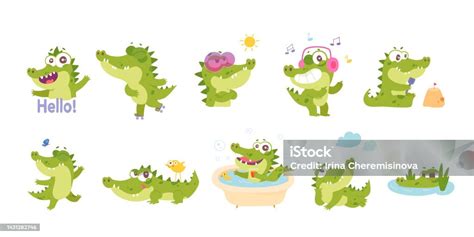 친구와 귀여운 악어 캐릭터 사랑스러운 아기 악어의 재미있는 애니메이션 앨리게이터에 대한 스톡 벡터 아트 및 기타 이미지