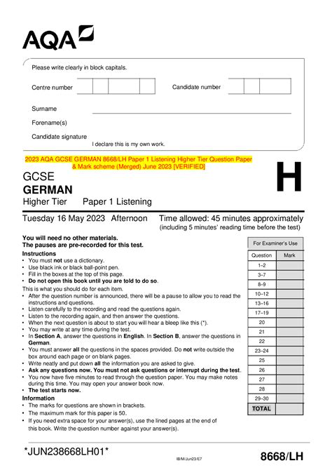 2023 Aqa Gcse German 8668 Lh Paper 1 Listening Higher Tier Question Paper And Mark Scheme Merged