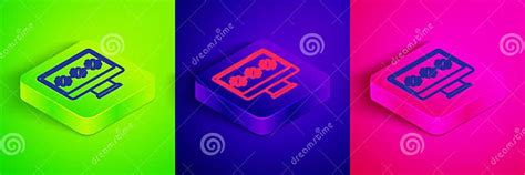 Isometric Line Monitor With Password Notification Icon Isolated On Green Blue And Pink