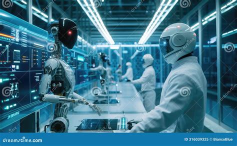 a high tech robotics lab engineers working on advanced ai machines