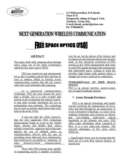 Next Generation Wireless Communication Free Space Optics Fso Pdf Microwave Optical Fiber