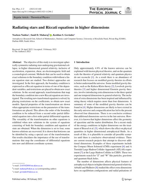 Pdf Radiating Stars And Riccati Equations In Higher Dimensions