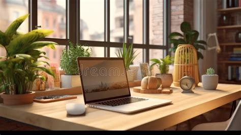 Home Workspace With Laptop Mockup In Modern Contempora Generative Ai
