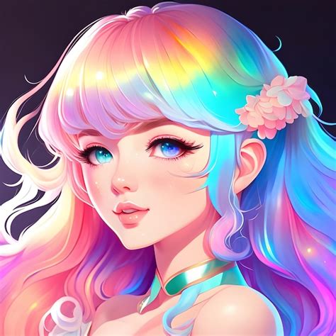 Anime Girl With Long Hair And Rainbow Dress Looking At Camera