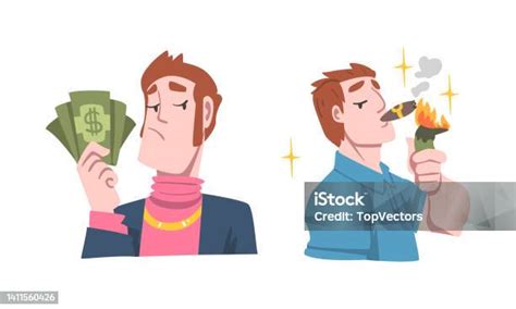 부유하고 부유 한 남자 캐릭터 조명 시가 달러 지폐에서 현금 벡터 세트 보유 거물에 대한 스톡 벡터 아트 및 기타 이미지 거물 금융 남자 Istock