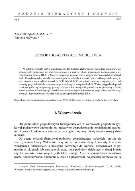 Pdf Classification Of Data Envelopment Analysis Models