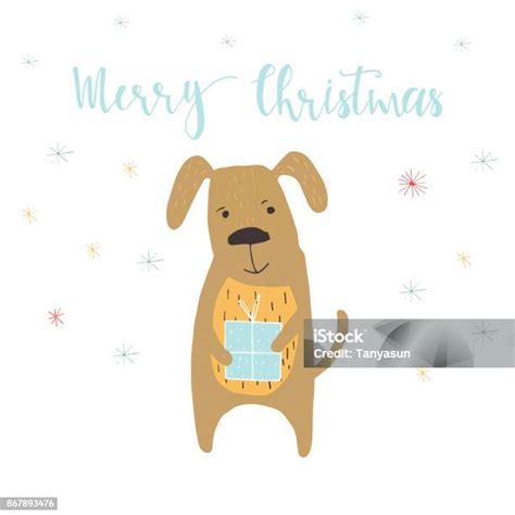 메리 크리스마스 귀여운 인사말 카드와 레터링 개 및 선물 겨울에 대한 스톡 벡터 아트 및 기타 이미지 겨울 계절 공휴일 Istock