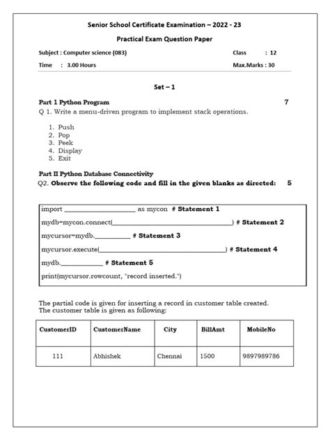 12th Main Practical Exam Question Paper Pdf Databases Computer Program