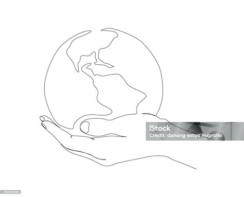 지구 지구본을 잡는 손의 연속 선 그리기 손의 한 줄 그리기는 지구본을 잡습니다 사람들에 대한 스톡 벡터 아트 및 기타 이미지